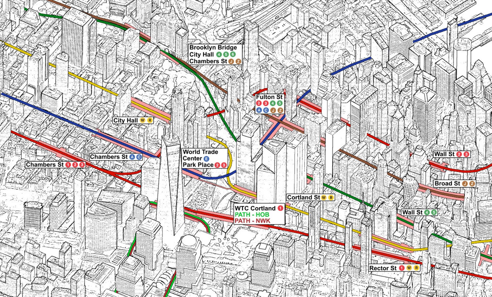 Map of Lower Manhattan With Subways and 3D Buildings - Print 35" X 23 ...