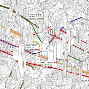 Map of Lower Manhattan With Subways and 3D Buildings - Print 35" X 23 ...