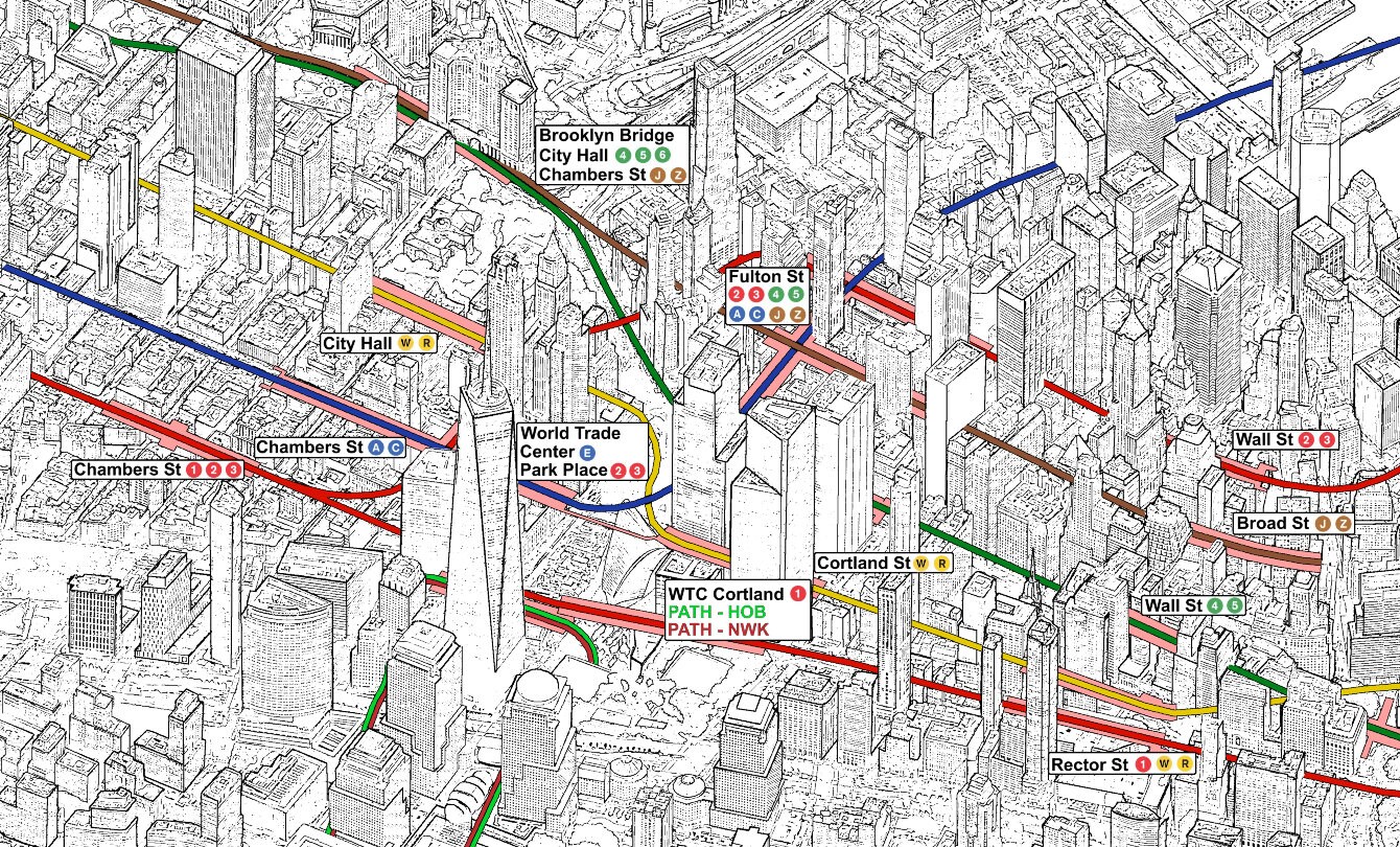 Map of Lower Manhattan With Subways and 3D Buildings - Print 35" X 23 ...