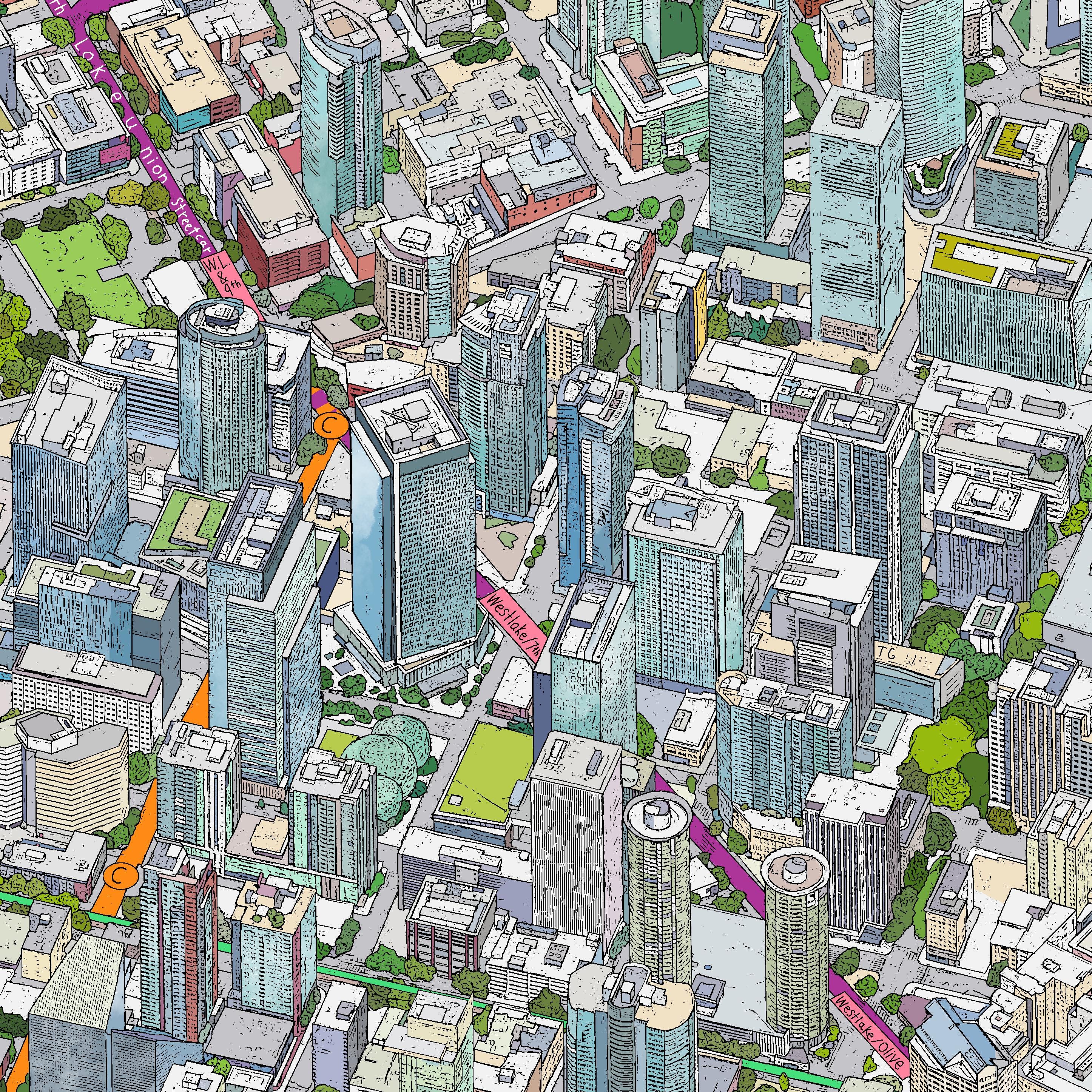 Map of Seattle Downtown Showing Transit and Buildings - Etsy