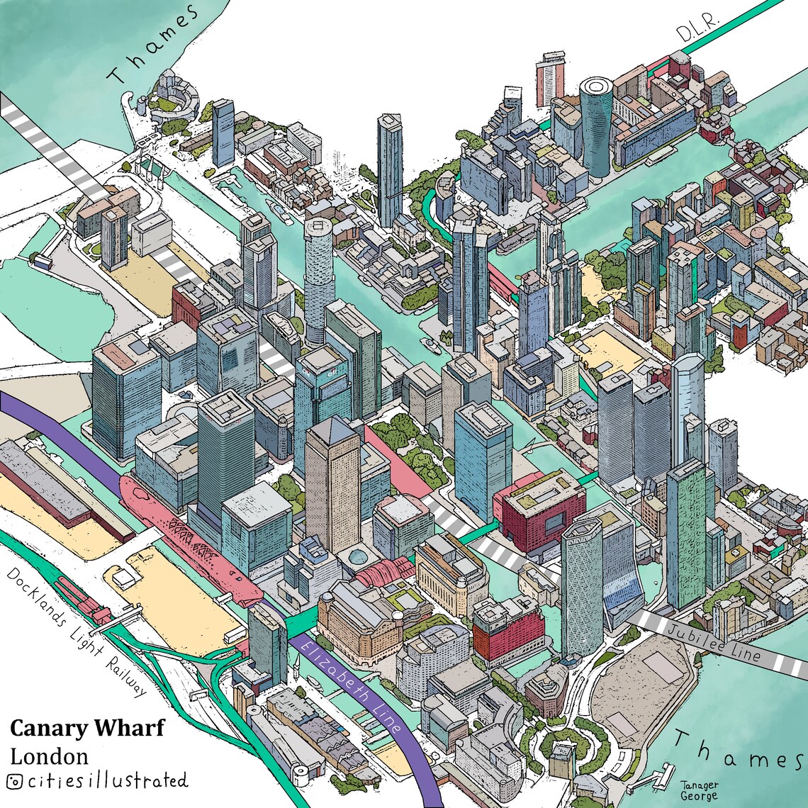 Canary Wharf, London Aerial Drawing 10" X 10" - Etsy
