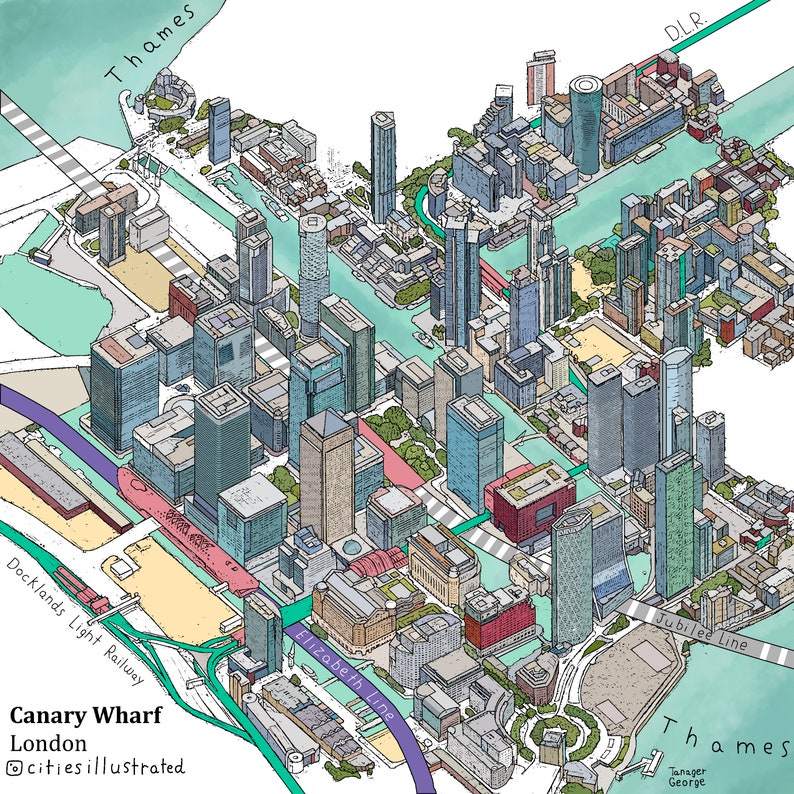 Canary Wharf, London Aerial Drawing 10" X 10" - Etsy