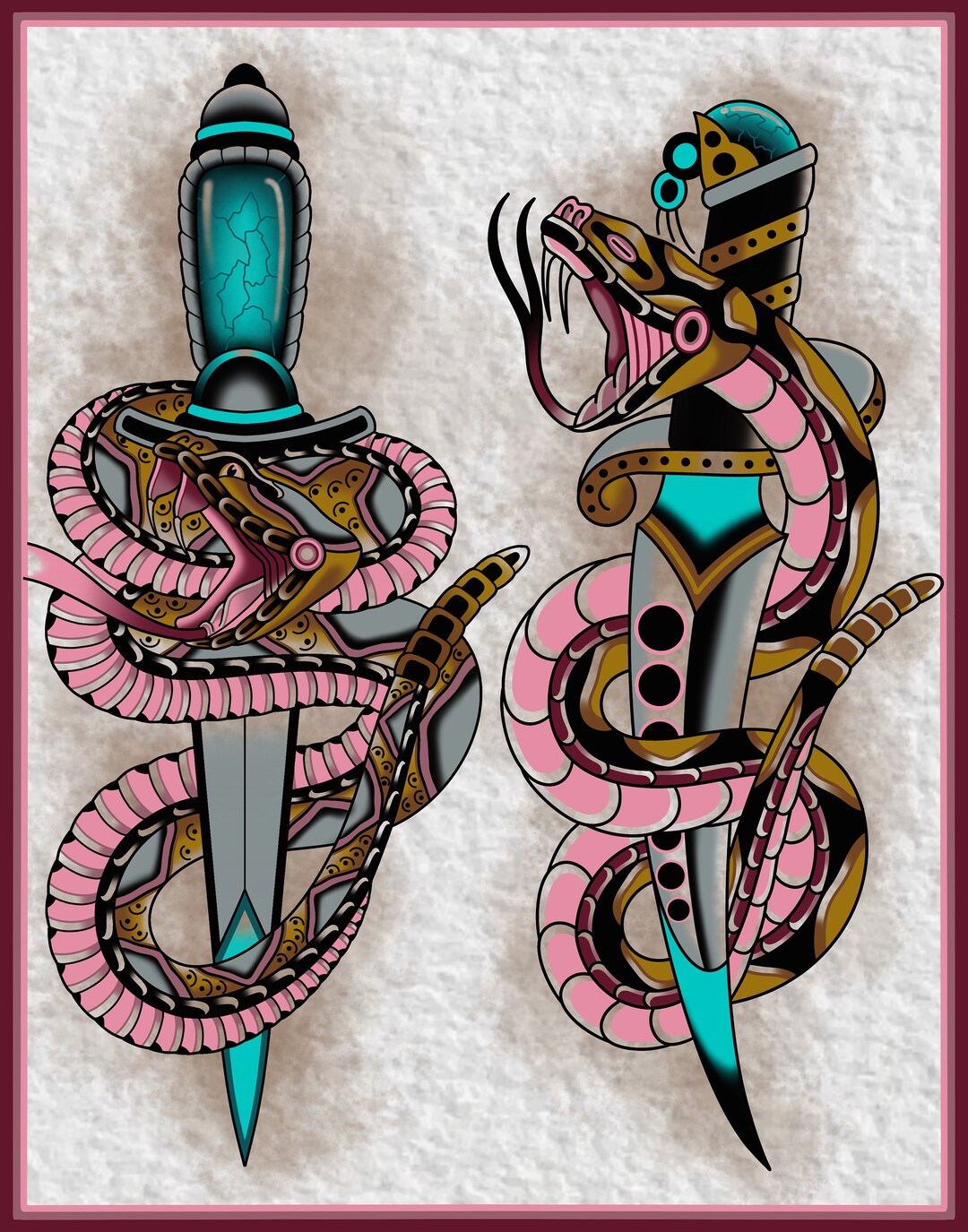 Pink Snakes Print / Tattoo Flash Art by Zack Taylor / 11”x14” Print Non ...