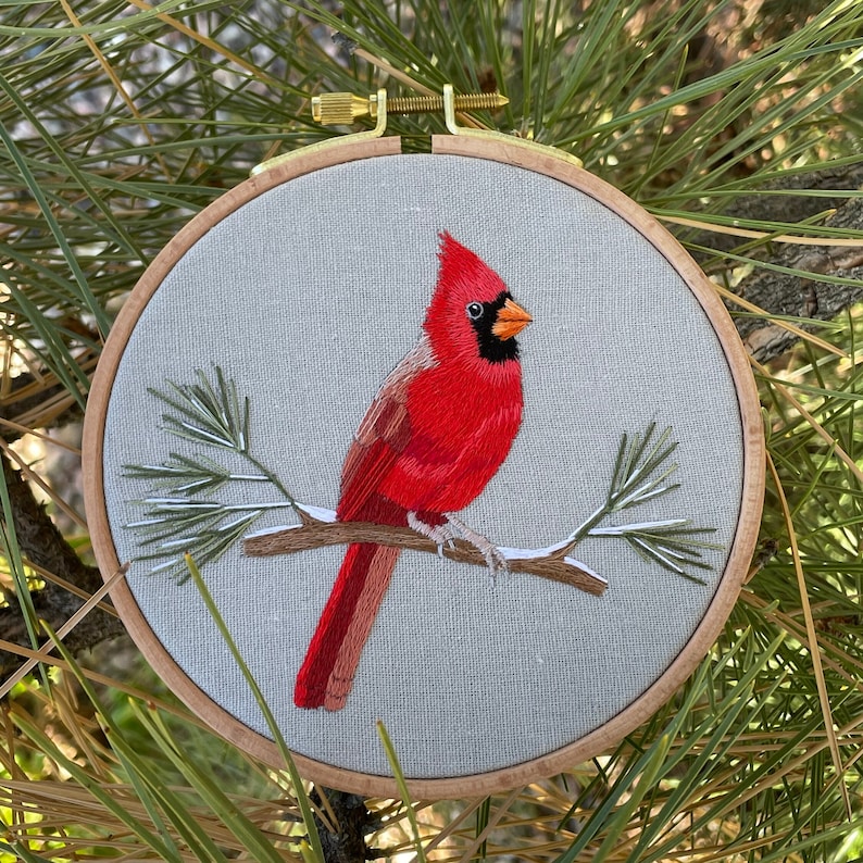 Winter Cardinal Bird Embroidery Pattern | Thread Painting Tutorial ...