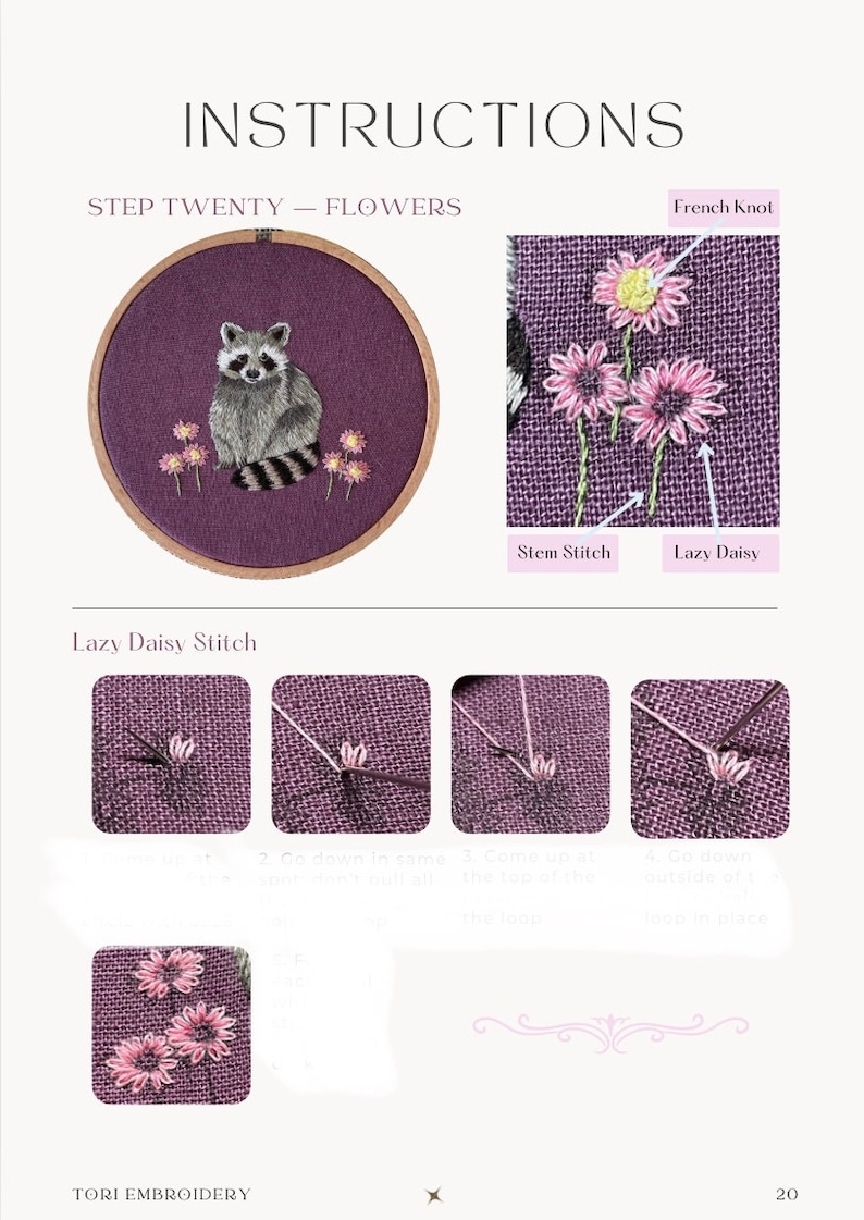 Racoon Embroidery Pattern Thread Painting Tutorial Digital Download PDF ...