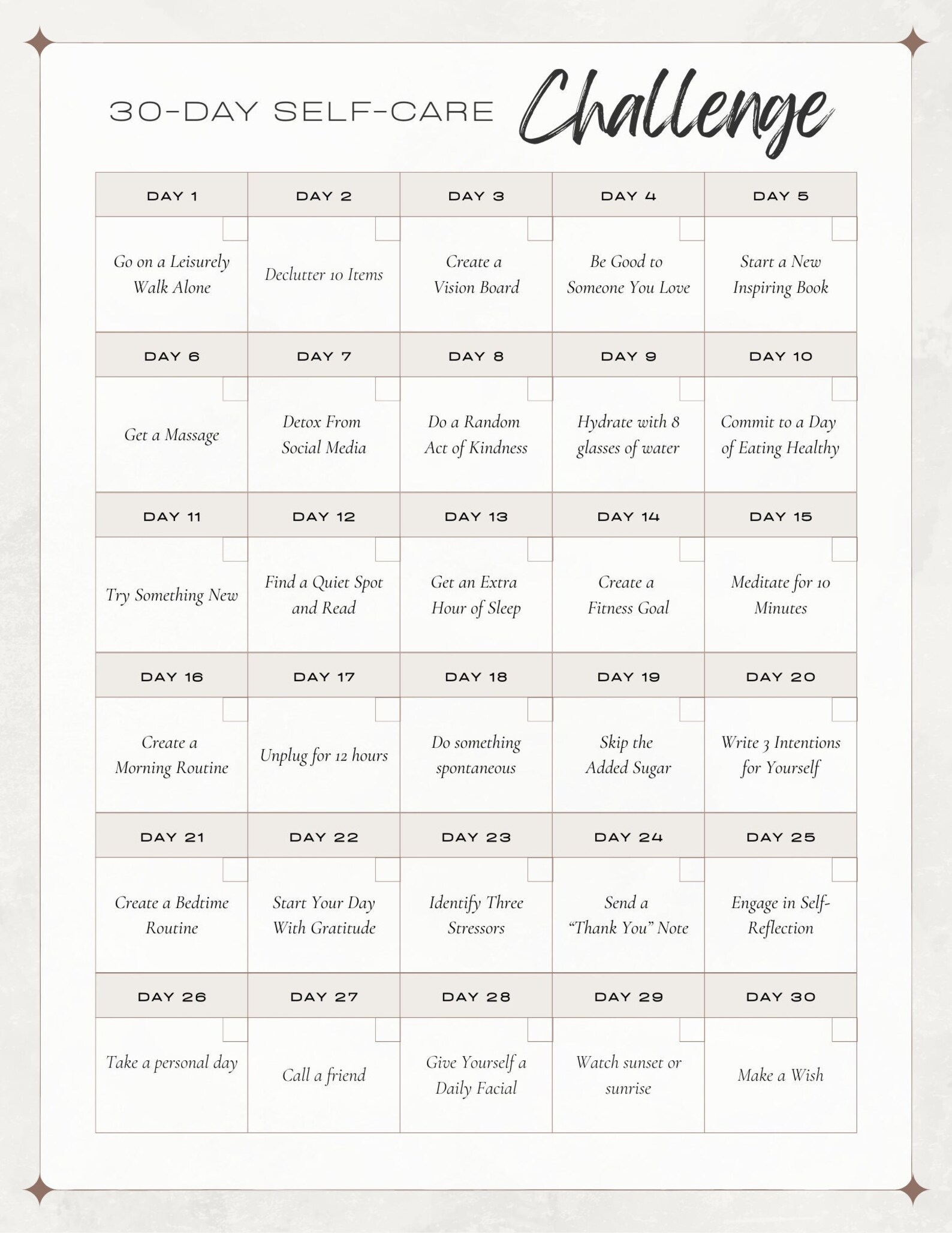 30 Day Self Care Challenge 2 Worksheets - Etsy