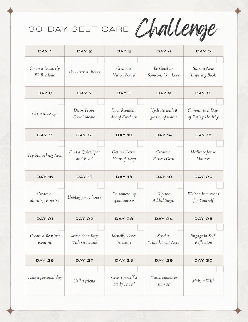 30 Day Self Care Challenge 2 Worksheets Etsy