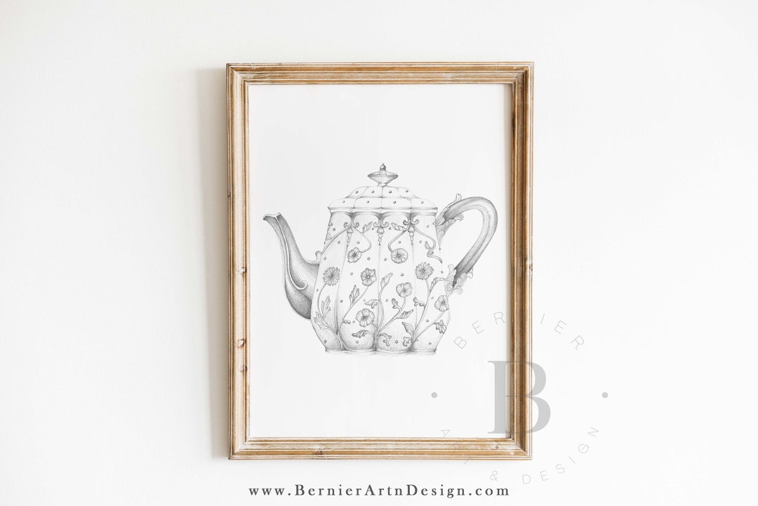 Antique Tea Pot Drawing Art Print, Vintage Teapot Tea Kettle Poster ...