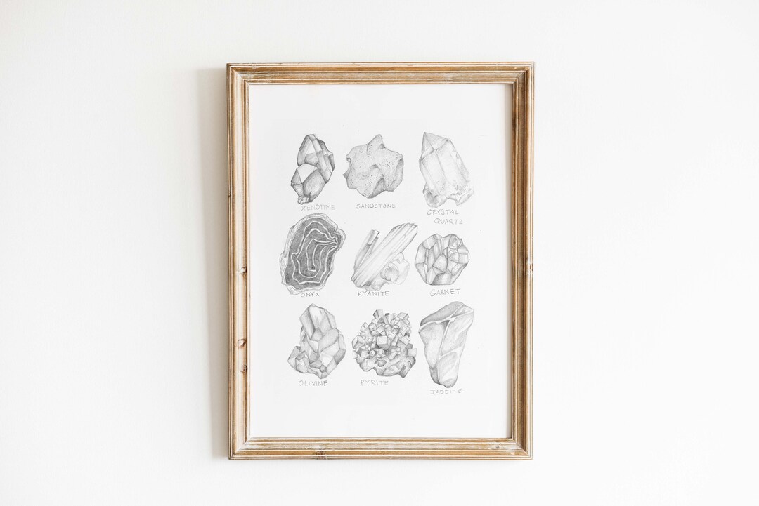 Crystals and Minerals Drawing Print, Vintage Gemstone Illustration ...