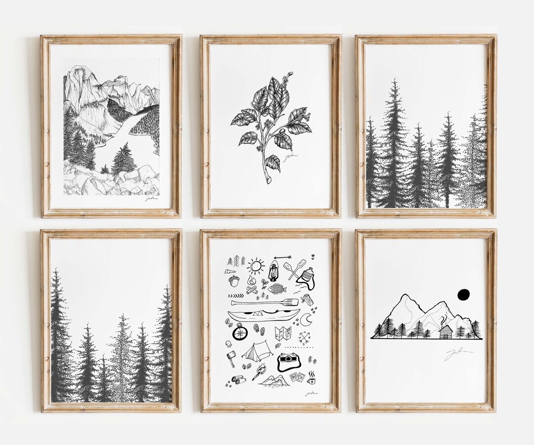 Nature Ink Drawing Print Set: Banff Landscape, Hiking, Camping (digital ...