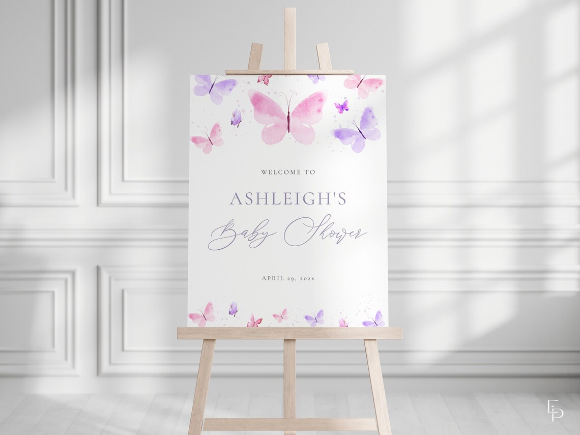 Girl Butterfly Baby Shower Welcome Sign Template | APONI Collection - Etsy