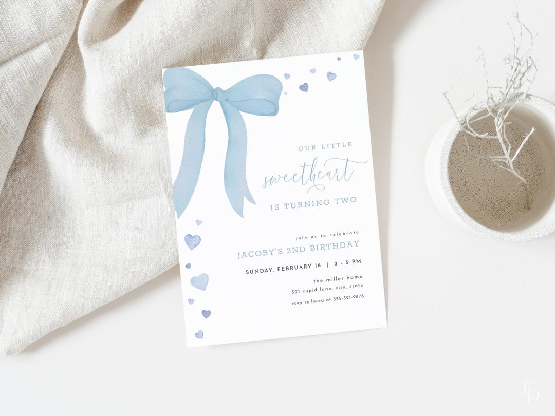 Blue Bow Birthday Invitation Template for Boy Blue Heart and Coquette ...