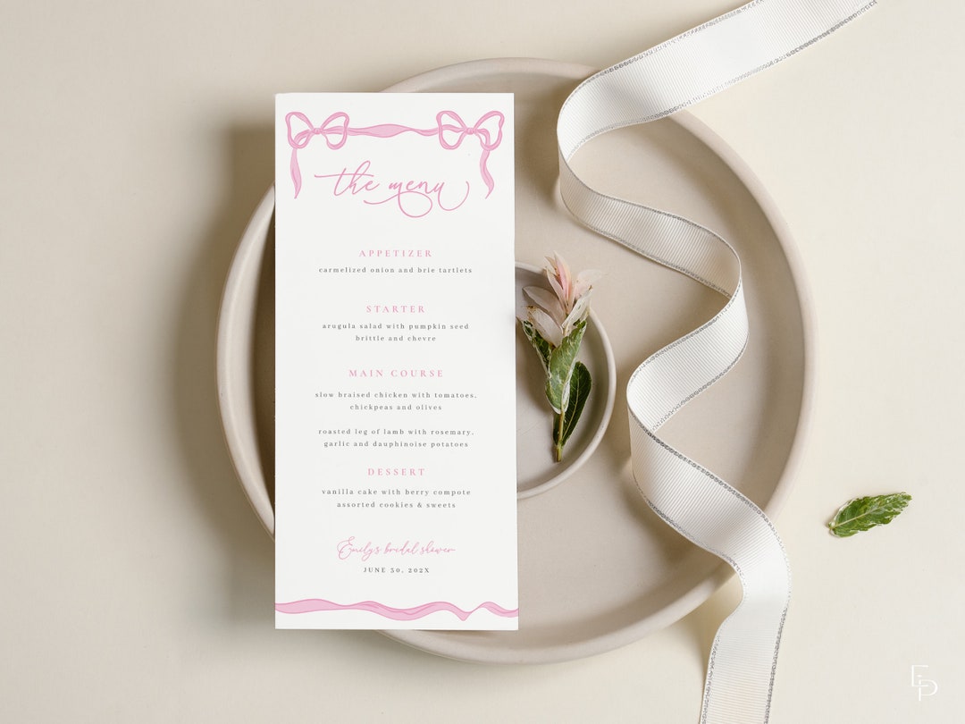 Pink Bow Bridal Shower Menu Template for Pretty Pink Ribbon Bridal ...