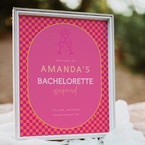 Neon Checkered Pink and Orange Bachelorette Welcome Sign Template ...