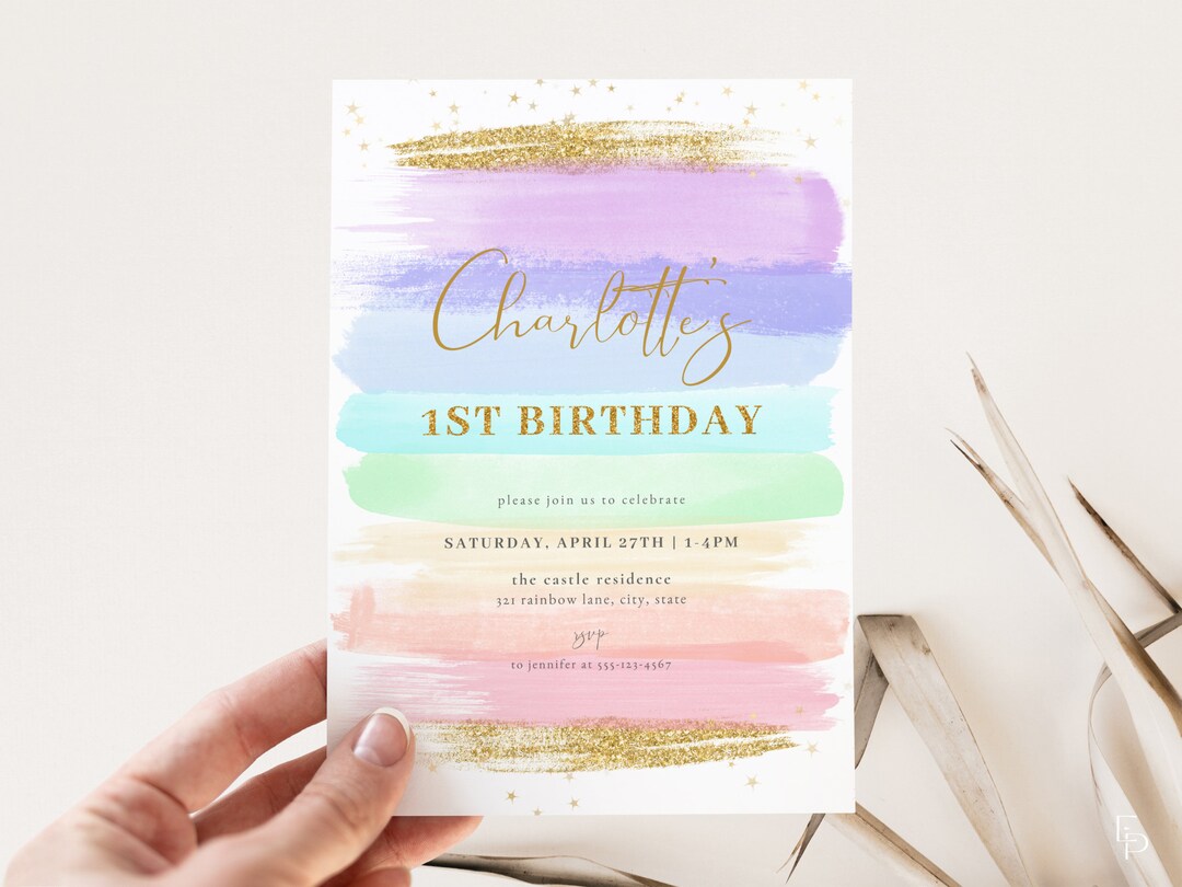 Pastel Rainbow Birthday Invitation Template for Gold & Pastel Girl 1st ...