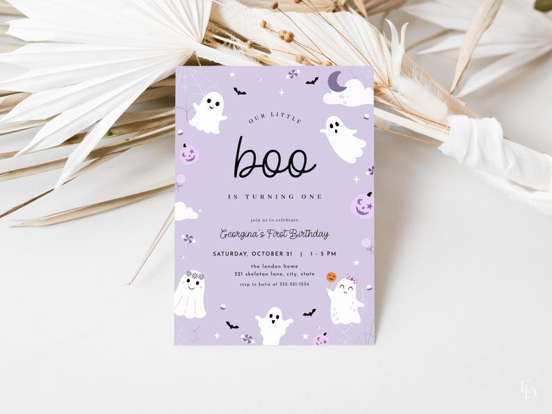 Purple Little Boo is Turning One First Birthday Party Invitation ...