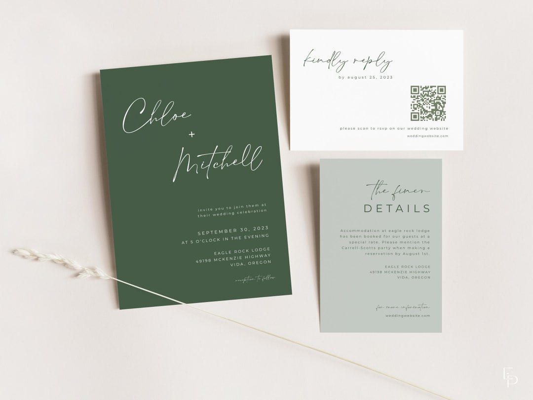Modern Boho Green Wedding Invitation Suite Template With Printable 5x7 ...