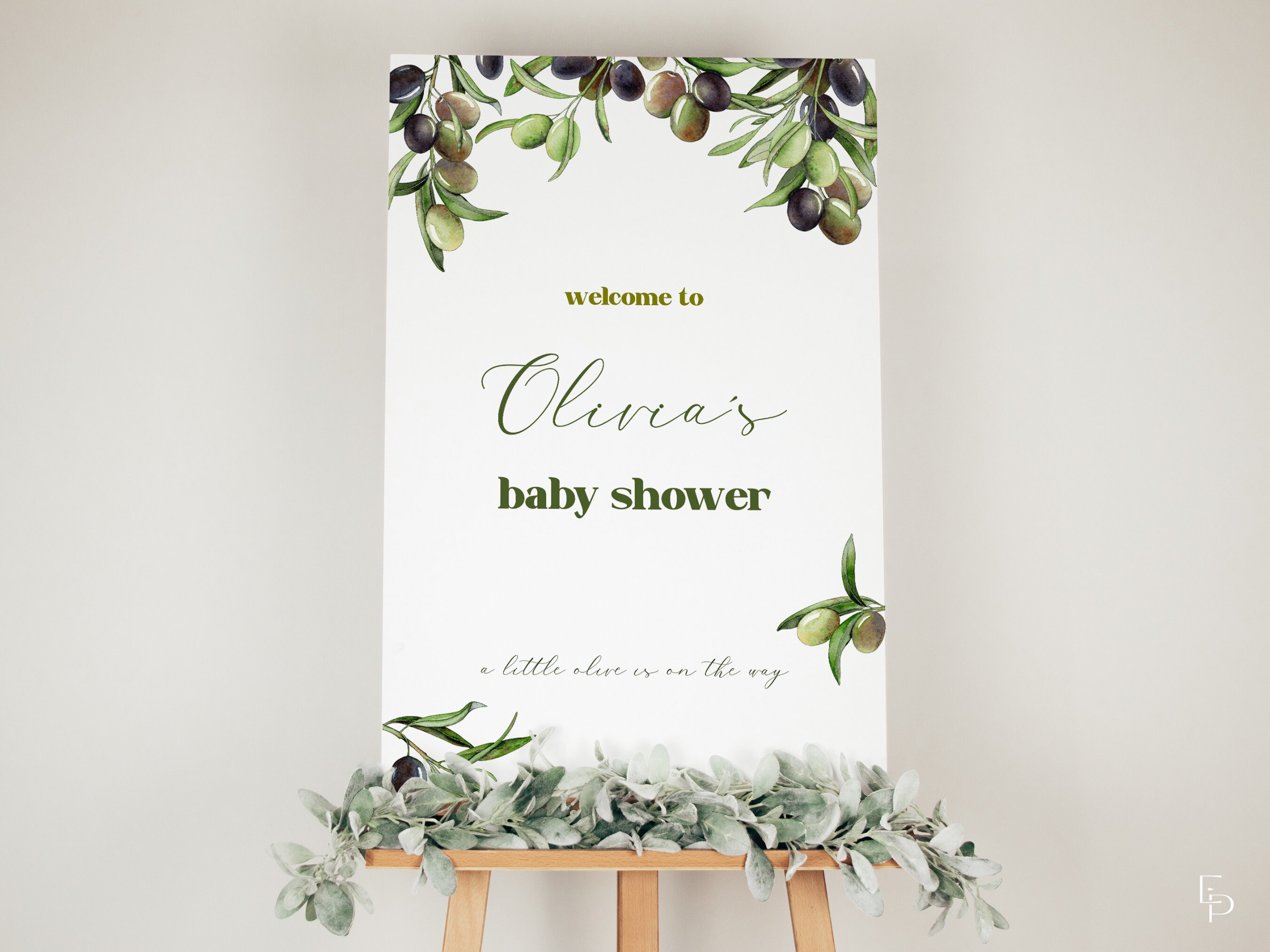Modern Olive Baby Shower Welcome Sign Template With Olive Branches ...