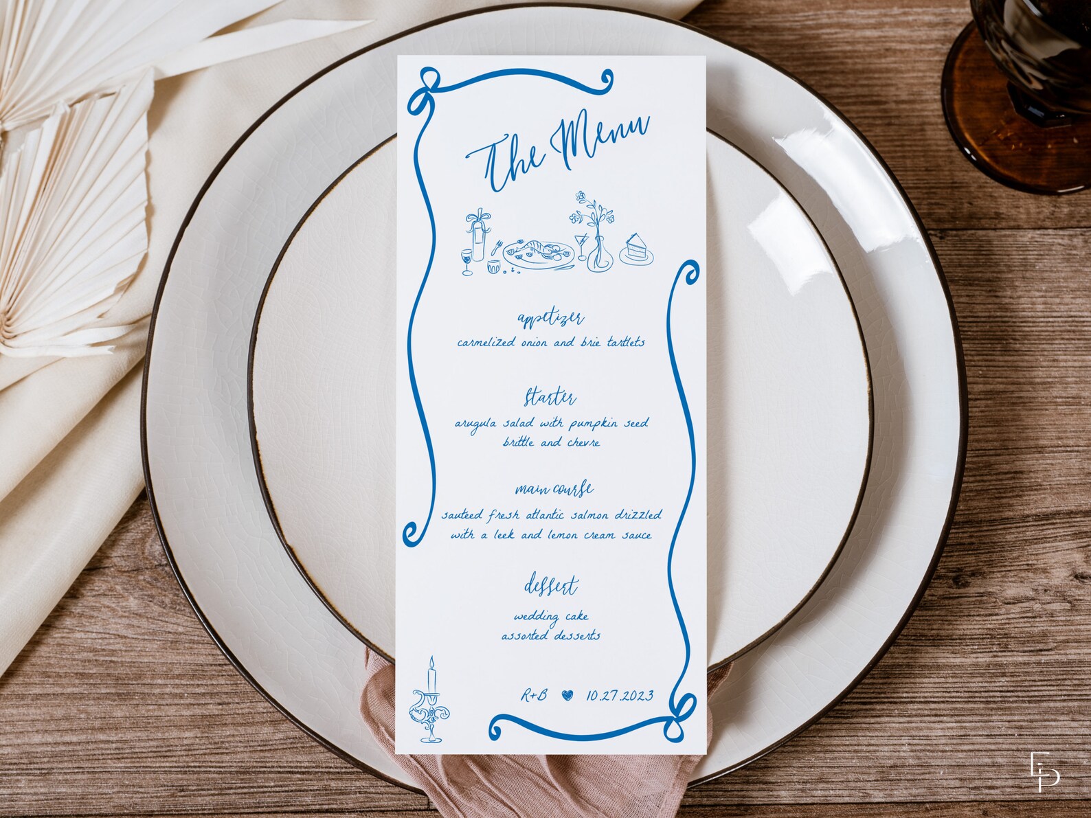 Whimsical Hand Drawn Menu Template for Blue Illustrated Wedding ...