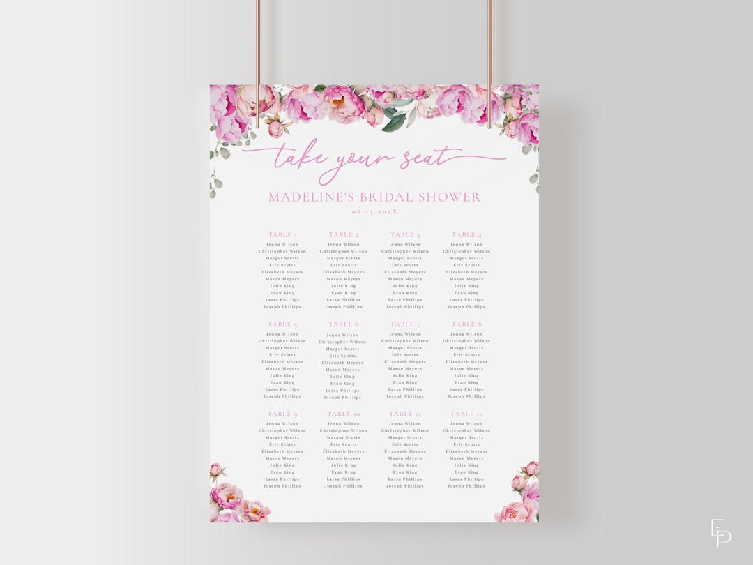 Pink Peony Bridal Shower Seating Chart Sign Template for Pink Floral ...