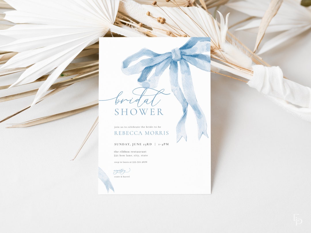Blue Bow Bridal Shower Invitation Template for Something Blue Ribbon ...