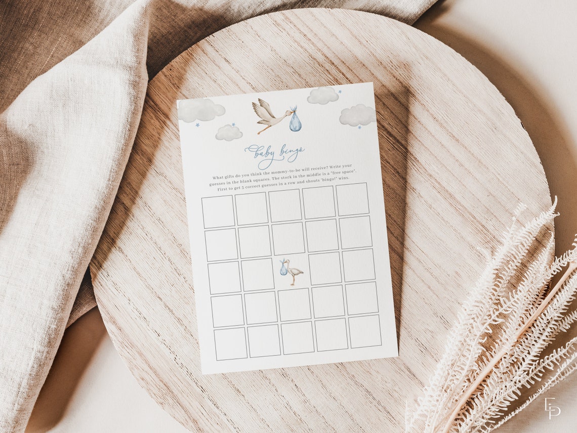 Blue Stork Baby Shower Bingo Game Template for Baby Boy Stork Special ...