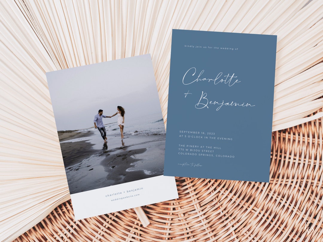 Modern Slate Blue Wedding Invitation Template With Photo | MAYA ...