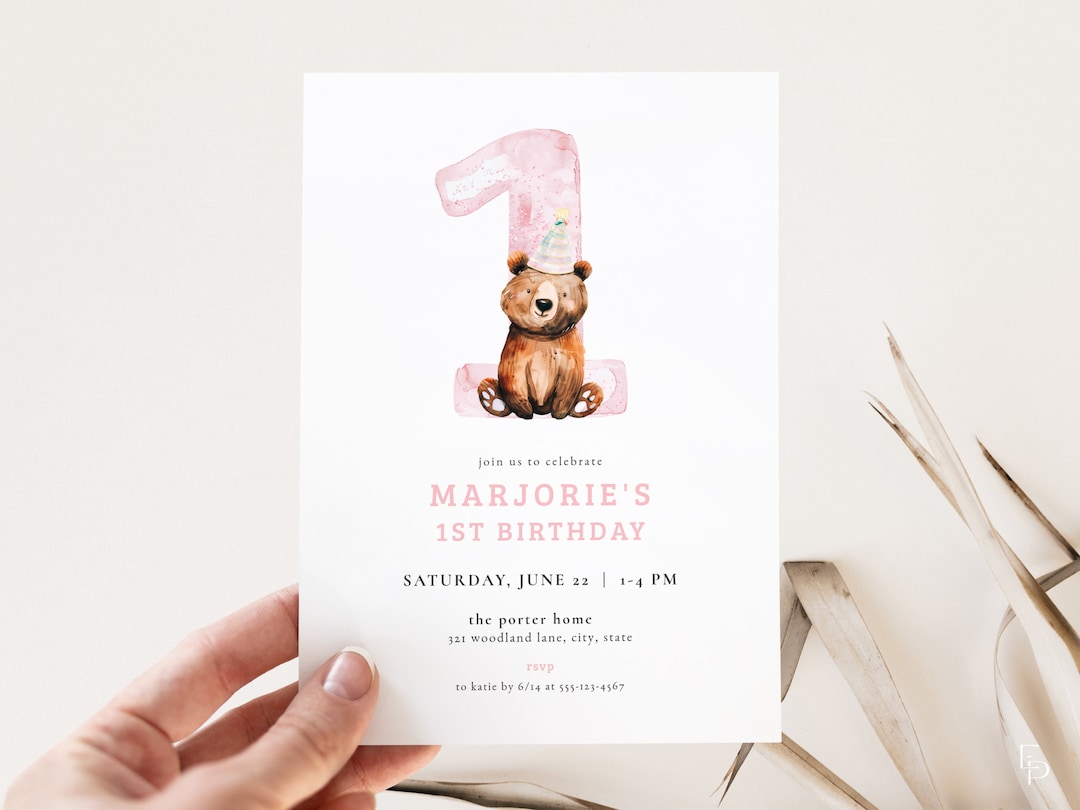 First Birthday Bear Birthday Invitation Template for Editable Pink Girl ...