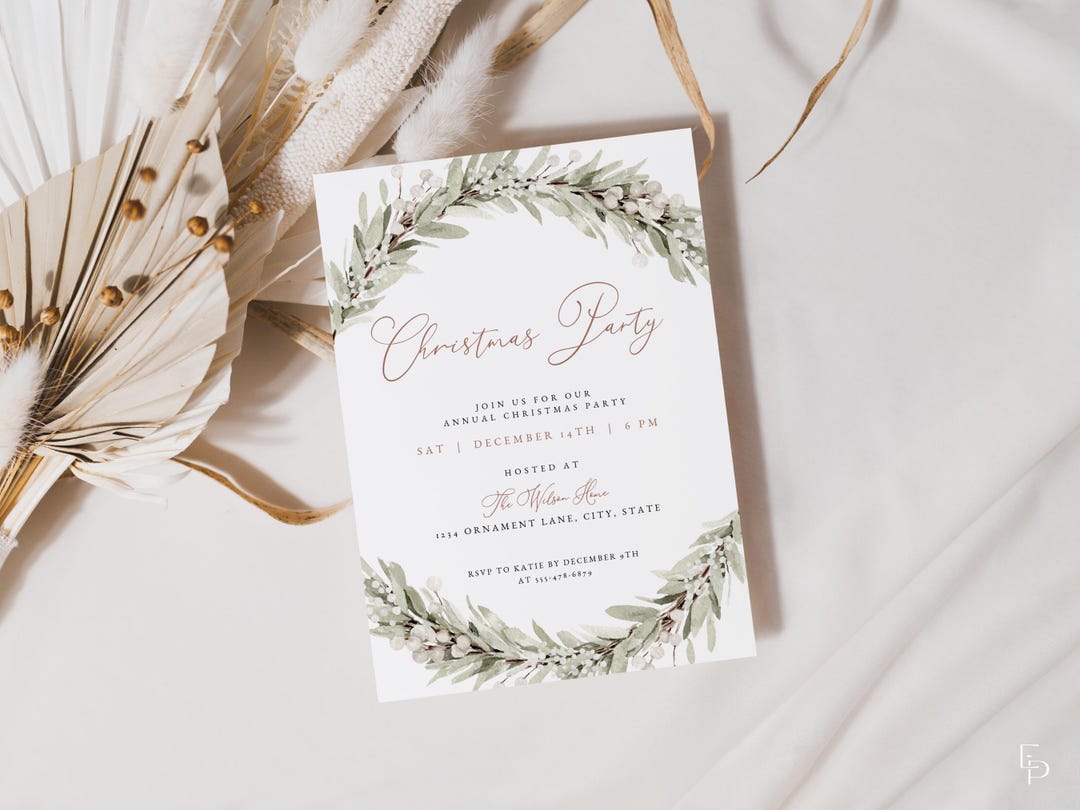 Christmas Garland Party Invitation Template for Editable Winter Sage ...