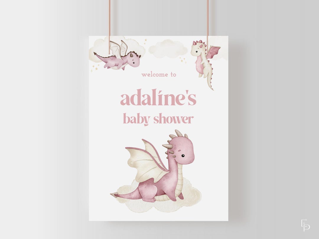 Pink Mythical Dragon Baby Shower Welcome Sign Template for Girl Dragon ...