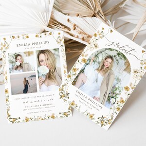 Wildflower Graduation Announcement Card Template for Delicate Yellow ...