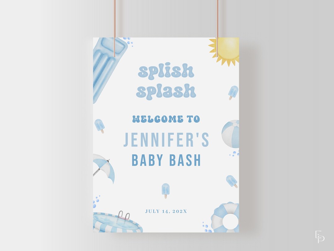 Blue Splish Splash Baby Shower Welcome Sign Template for Summer Boy ...