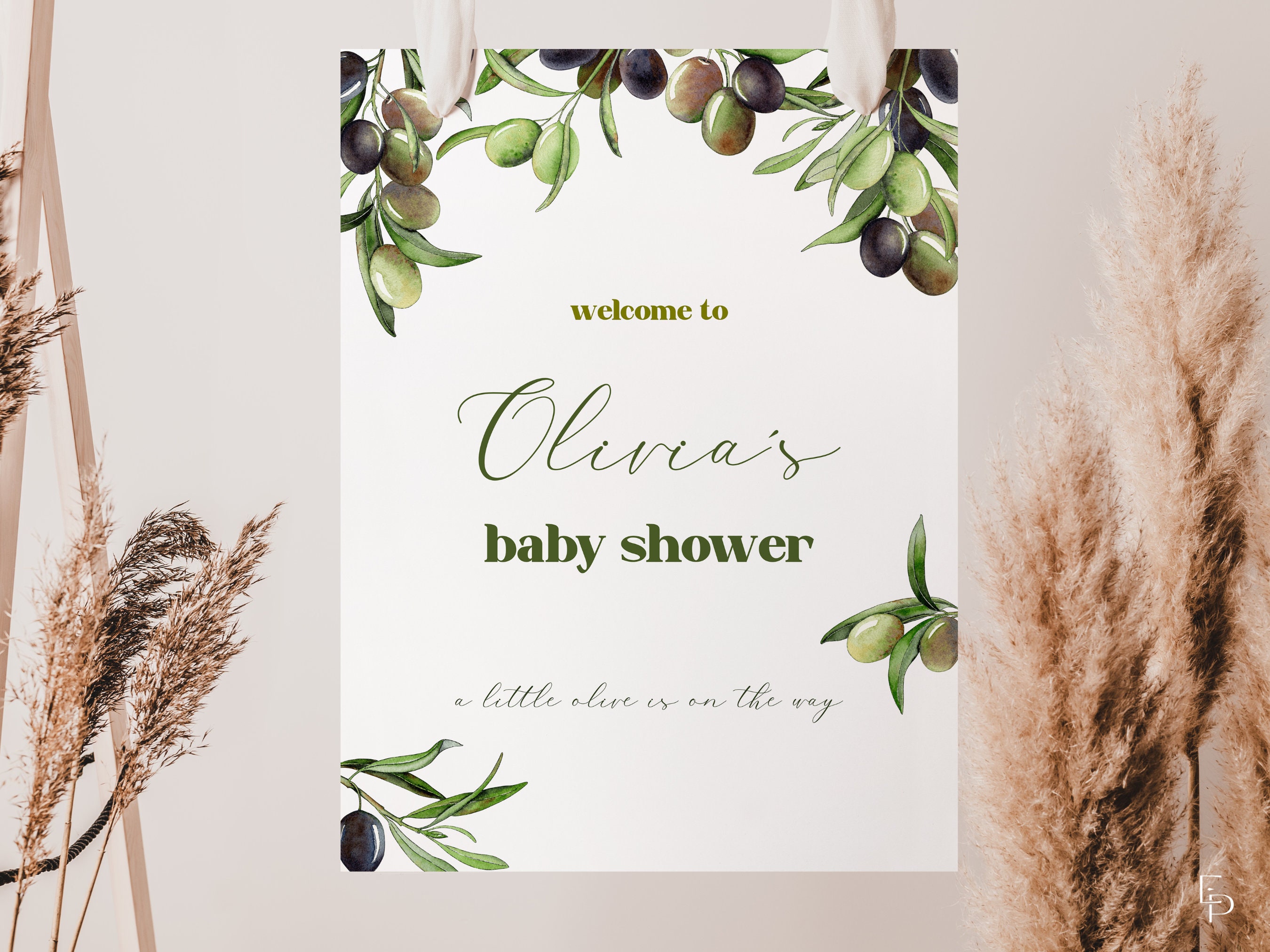 Modern Olive Baby Shower Welcome Sign Template With Olive Branches ...