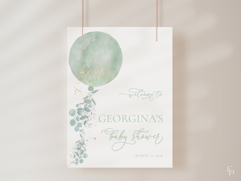 Green Balloon Baby Shower Welcome Sign Template for Gender Neutral Baby ...
