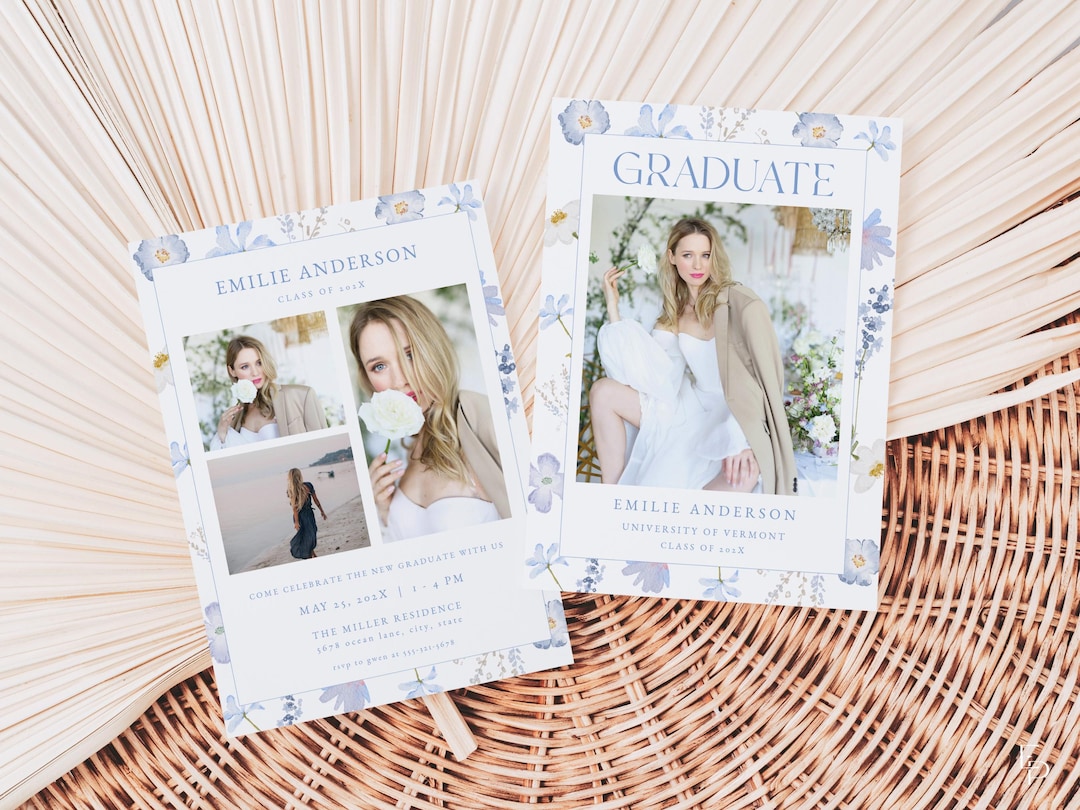 Blue Floral Graduation Announcement Card Template for Blue Wildflower ...