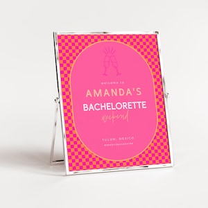 Neon Checkered Pink and Orange Bachelorette Welcome Sign Template ...