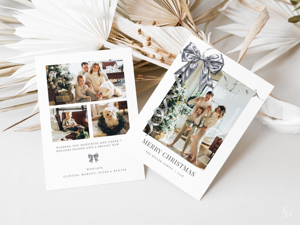 Silver Coquette Bow Photo Christmas Card Template for Two-sided Silver ...