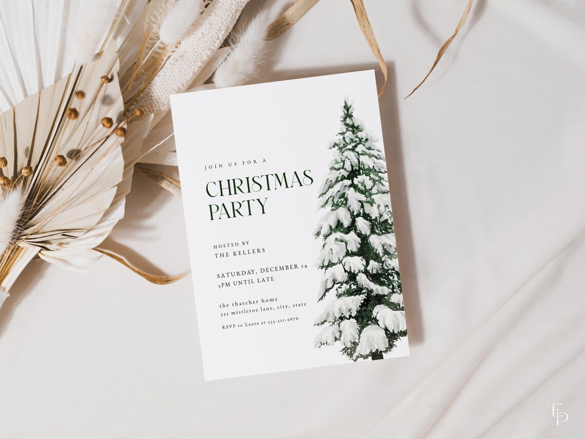 Christmas Party Invitation Template for Editable Snowy Christmas Tree ...