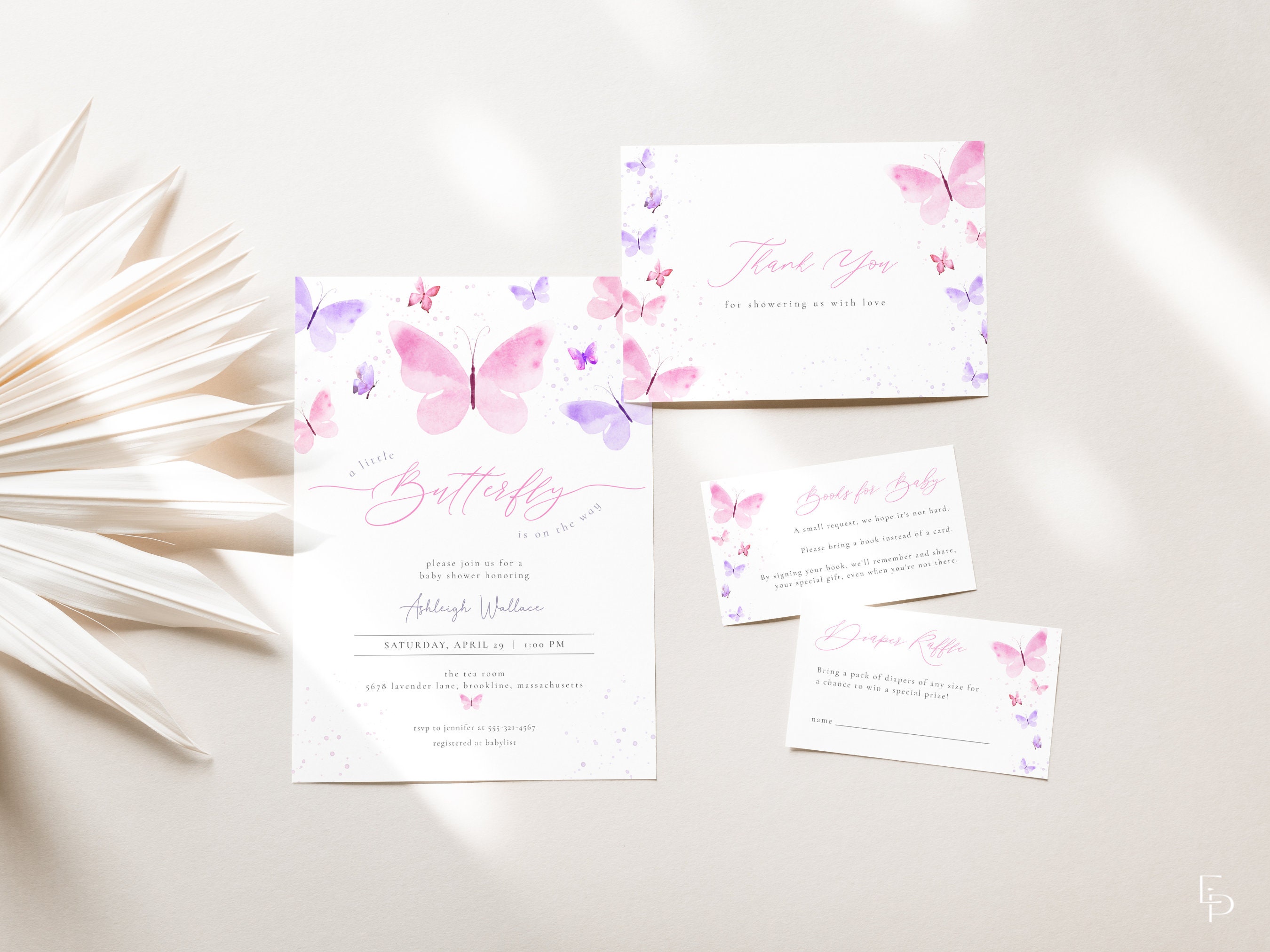Girl Butterfly Baby Shower Invitation Bundle Template | APONI ...