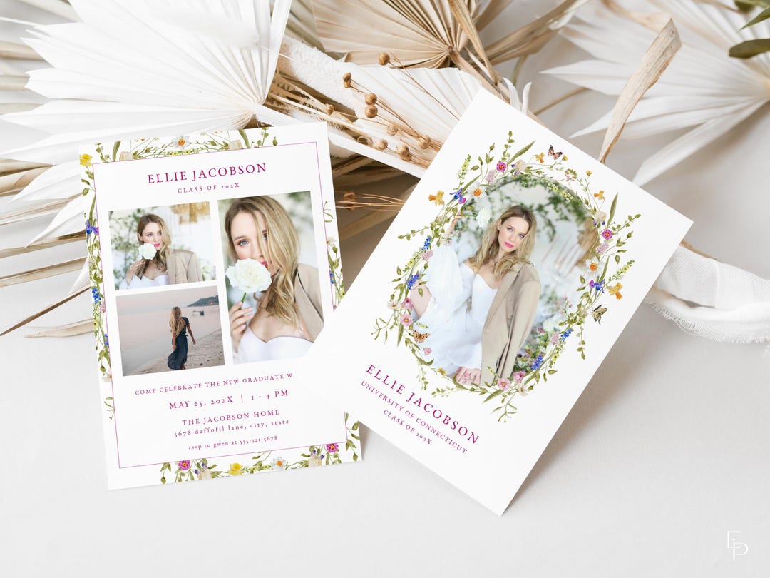 Floral Graduation Announcement Card Template for Multiple Photo ...