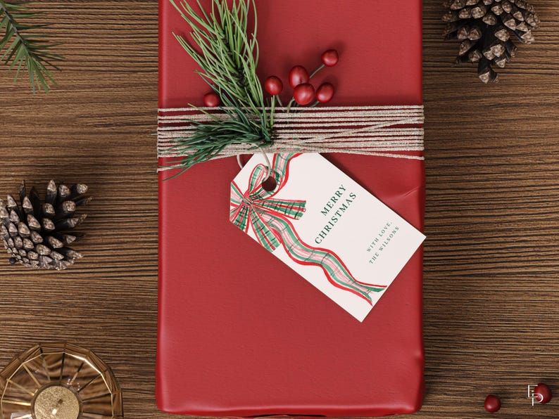 Christmas Plaid Bow Christmas Tags Template Editable Green and Red ...