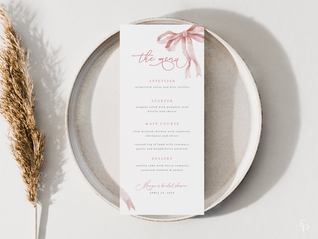 Dusty Pink Bow Bridal Shower Menu Template for Dusty Rose Ribbon Bridal ...