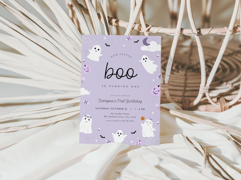 Purple Little Boo is Turning One First Birthday Party Invitation ...