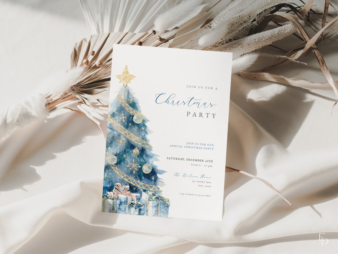 Blue Christmas Party Invitation Template for Winter Christmas - Etsy