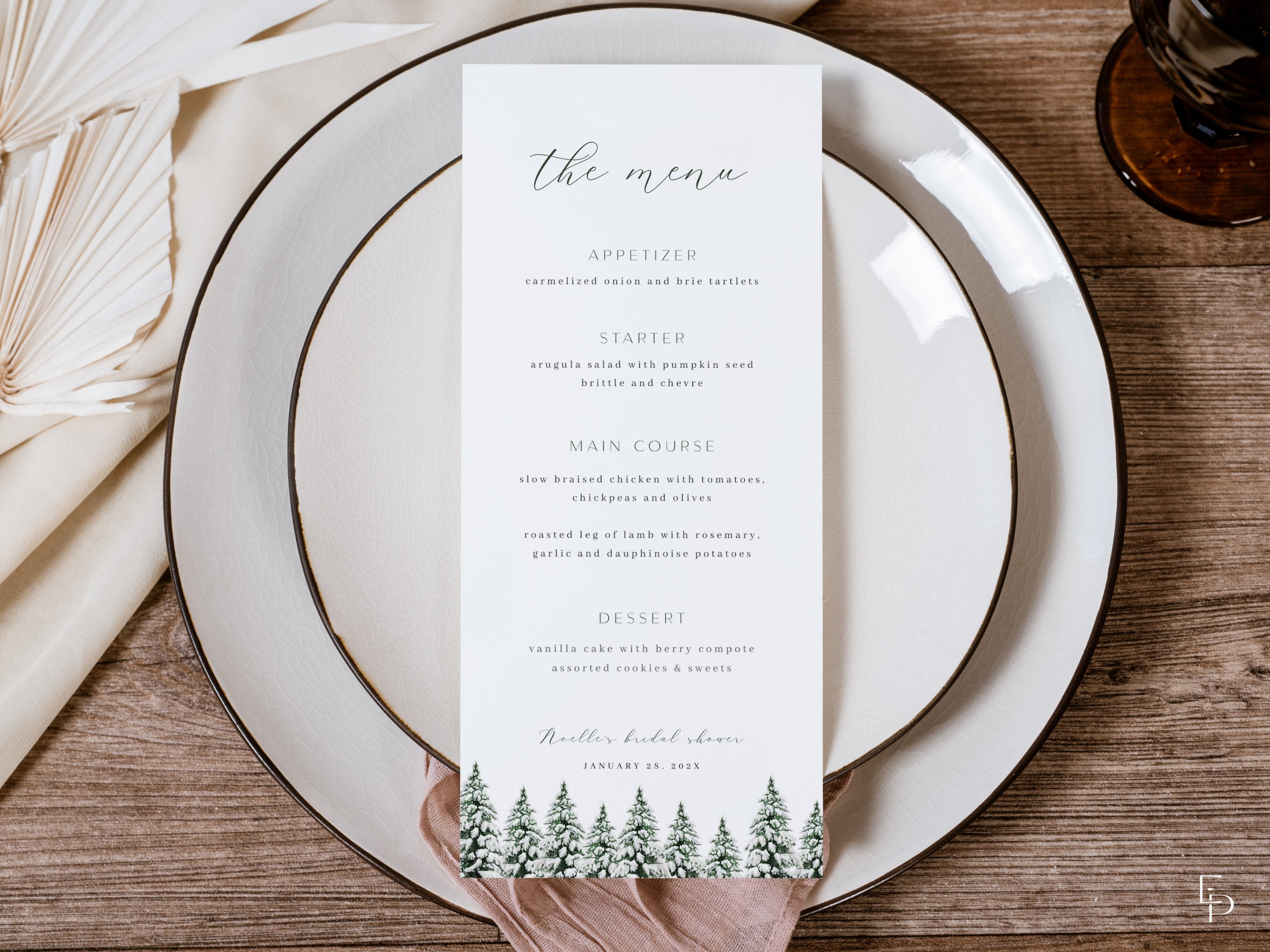 Winter Bridal Shower Menu Template for Snowy Pine Tree Winter ...