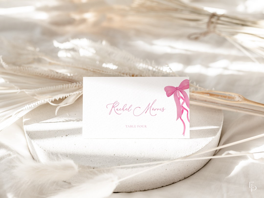 Pink Bow Place Card Template for Girly Bridal Shower Name Card or ...