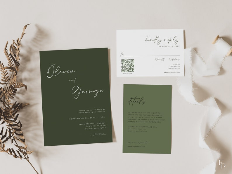Modern Olive Green Wedding Invitation Suite Template With Printable 5x7 ...
