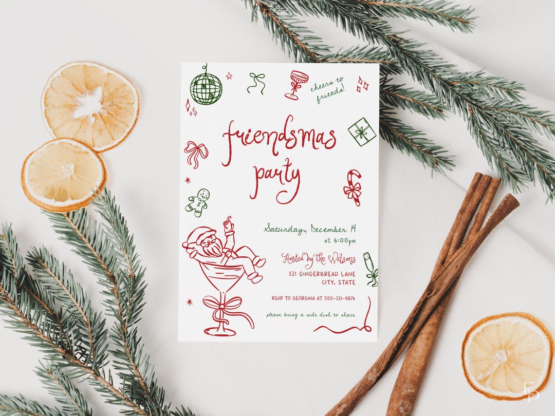 Friendsmas Party Invitation Template Red Hand Drawn Whimsical Friend ...