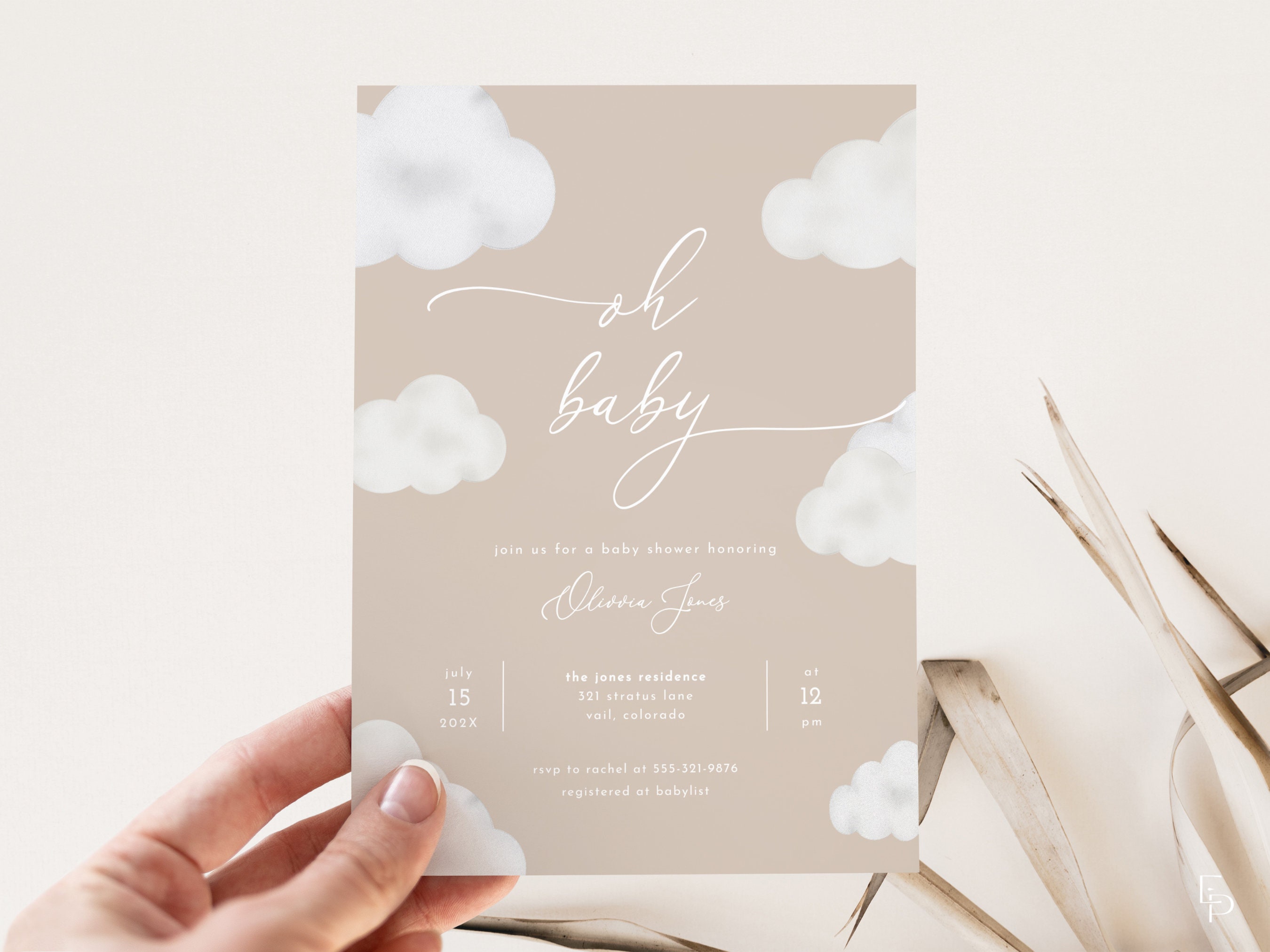 Oh Baby Modern Neutral Cloud Baby Shower Invitation Template for Beige on Cloud Nine Baby Shower Invite ANAN Collection Etsy