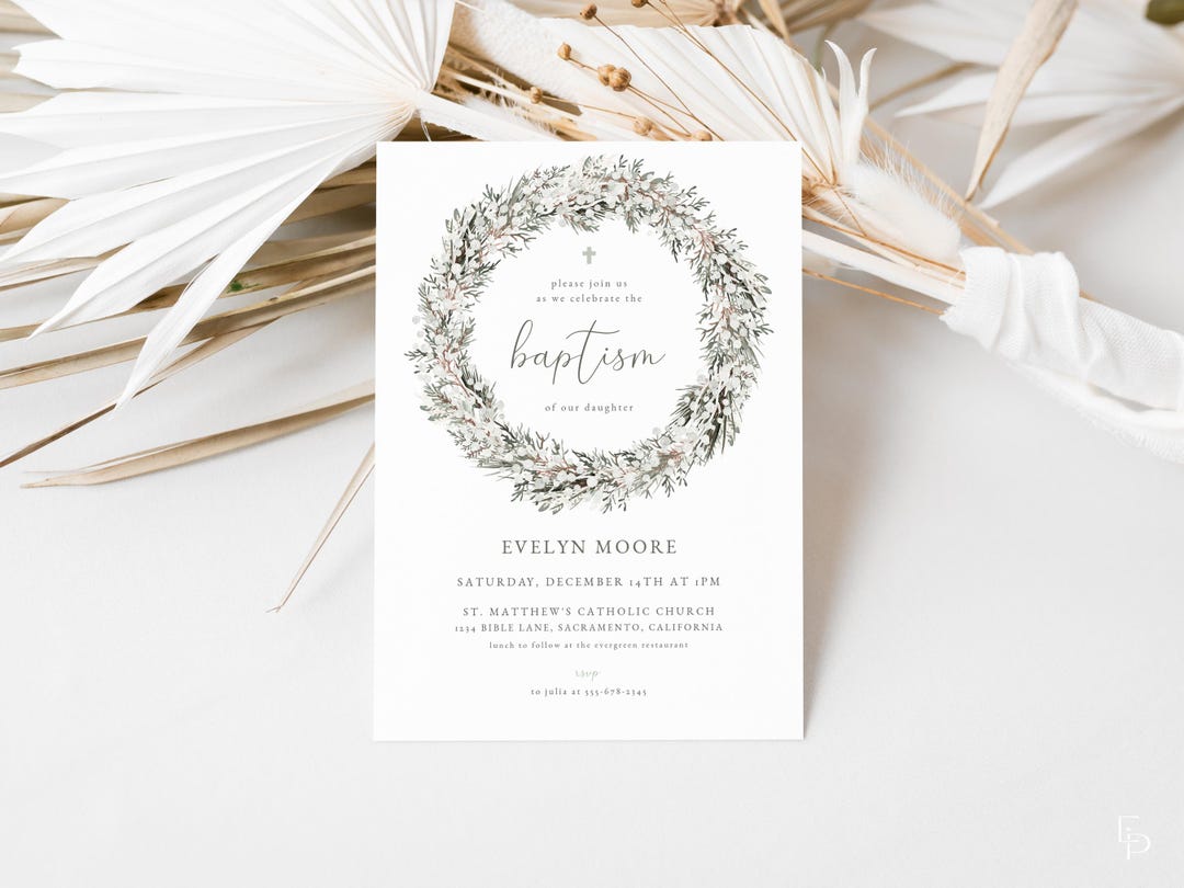 Winter Baptism Invitation Template for Editable Christmas Wreath ...